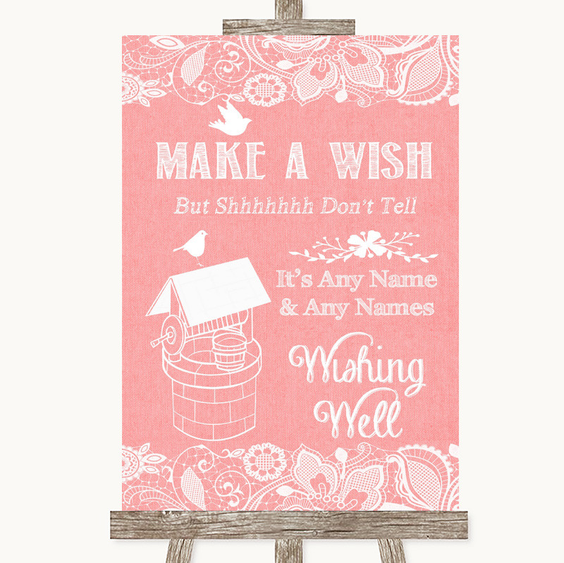 Dark Grey Burlap & Lace Wishing Well Message Personalised Wedding Sign ...
