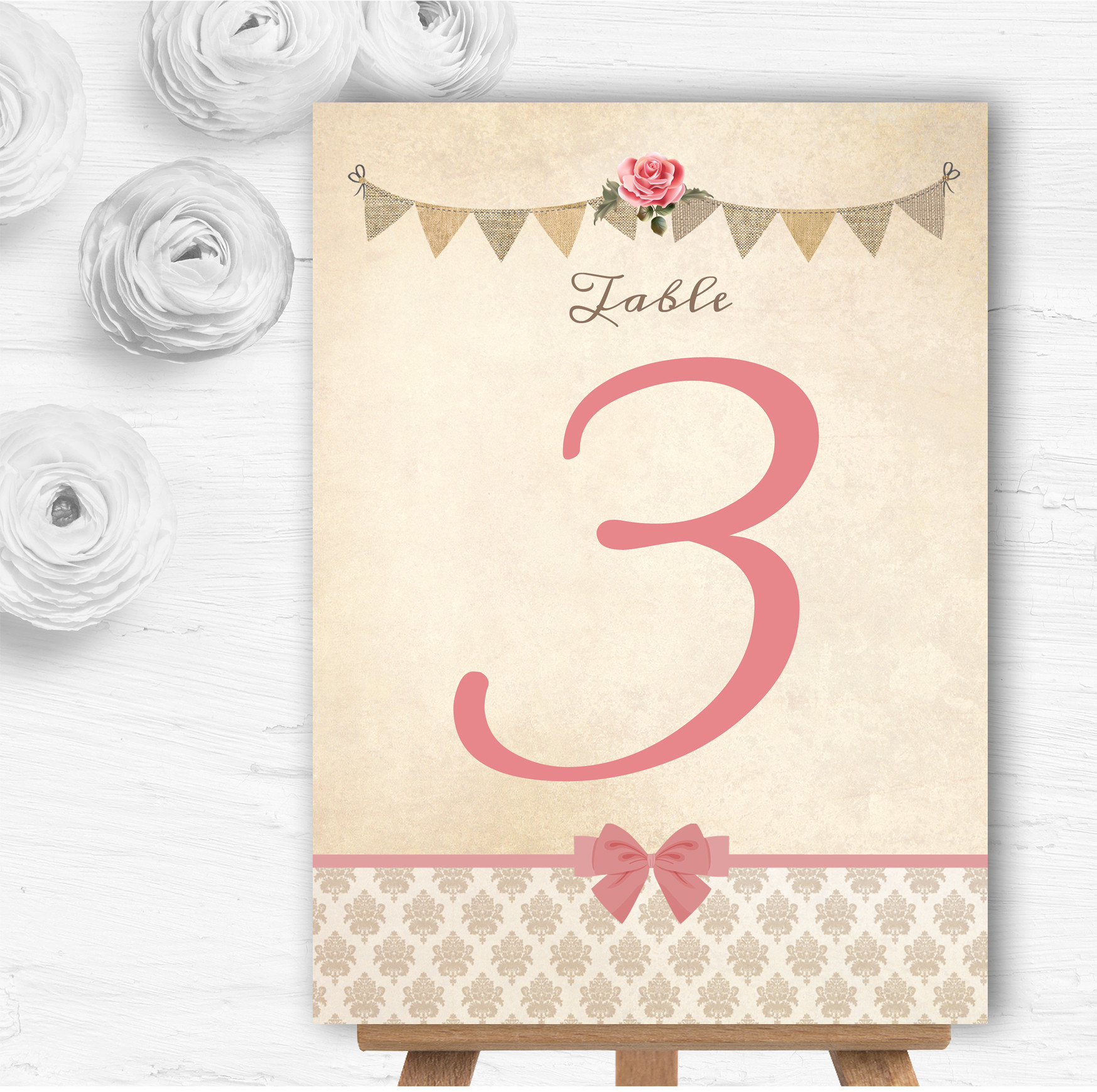 Vintage Rustic Style Bunting Pink Rose Wedding Table Number Name Cards ...