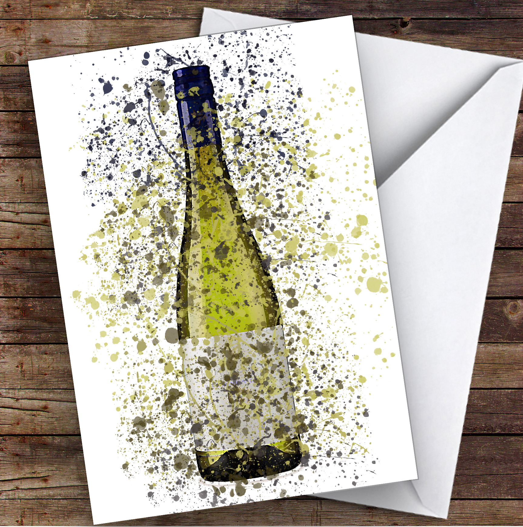 Watercolour Splatter White Wine Bottle Green Decorative Birthday Card ...