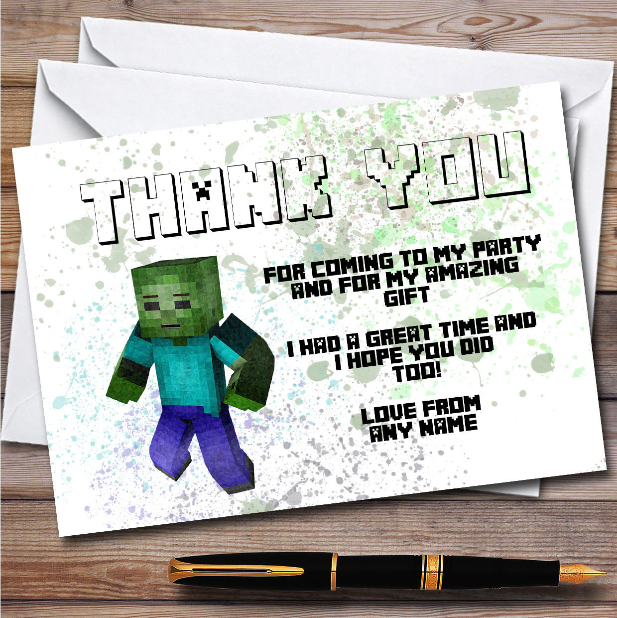 Minecraft Cow Splatter Art Children's Birthday Party Thank You Cards ...