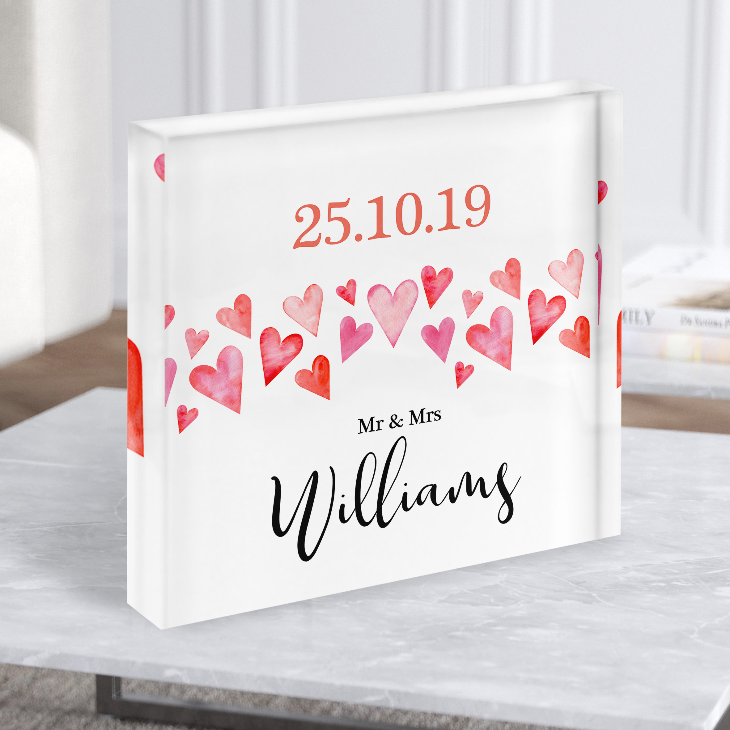 Square Watercolour Red Heart Anniversary Wedding Date Gift Acrylic ...