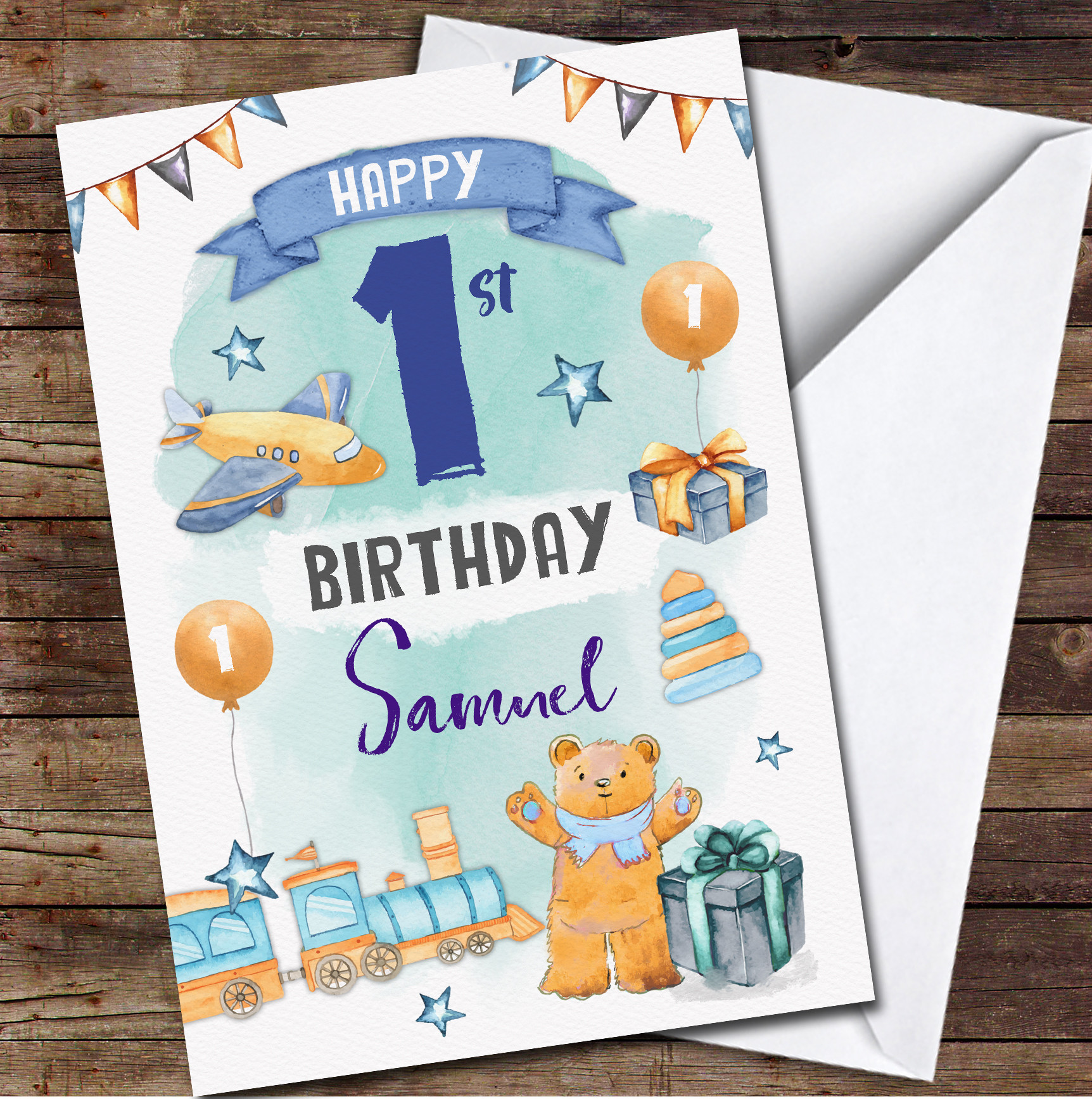 1st Baby Boy Watercolour Safari Animals With Number One Any Age ...