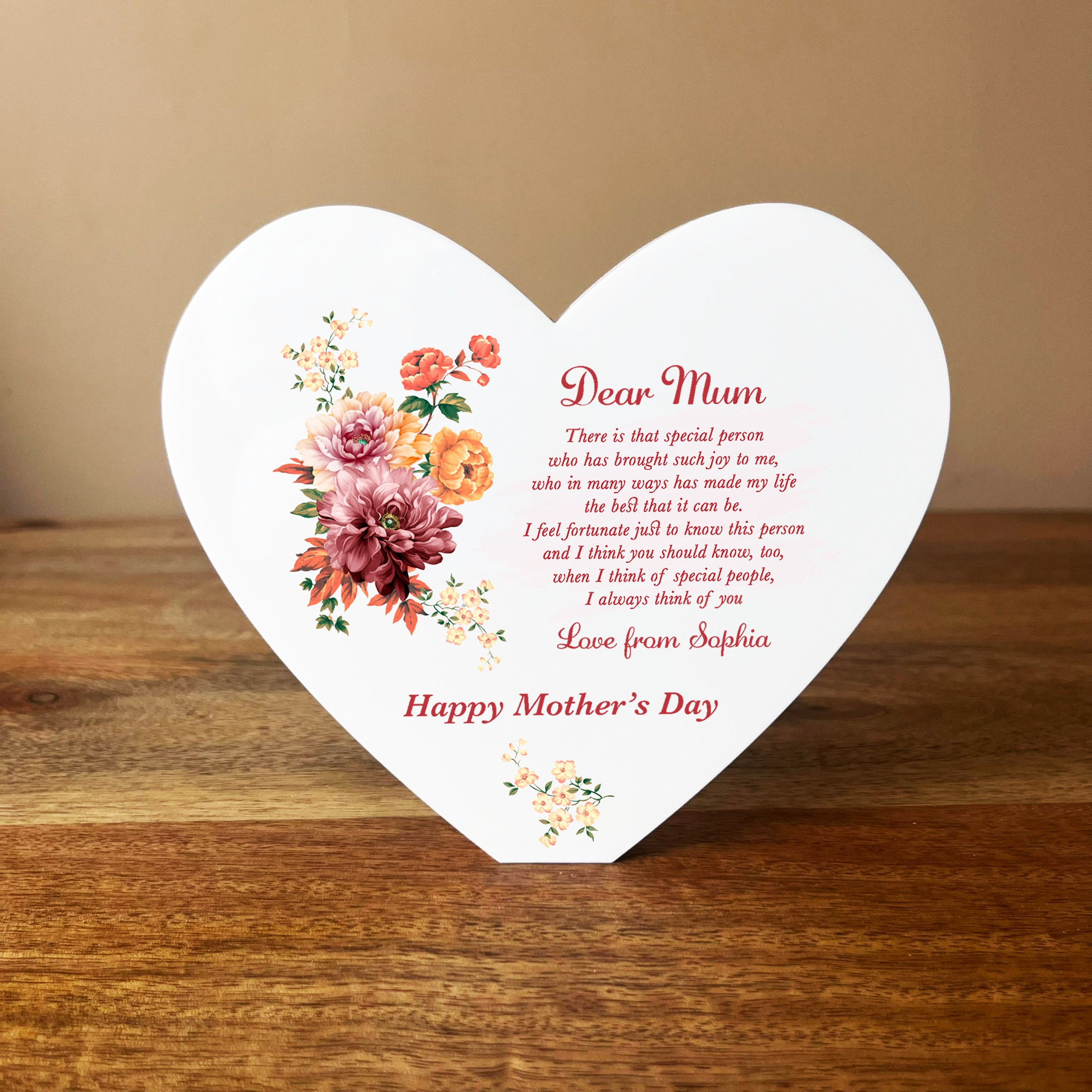 Floral Mum Mother's Day Poem Clear Heart Shaped Personalised Acrylic ...