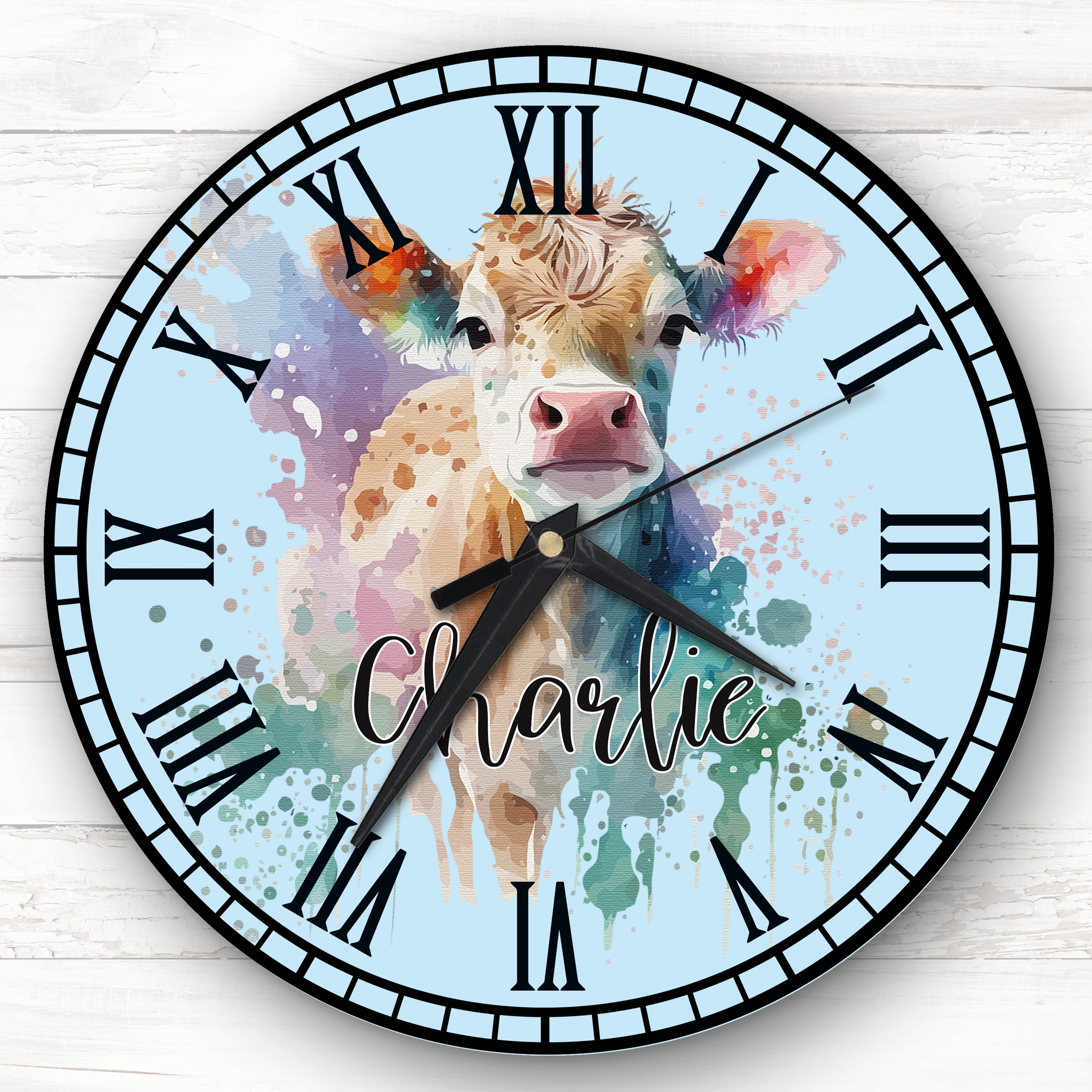 Cow Blue Colourful Watercolour Personalised Gift Personalised Clock ...
