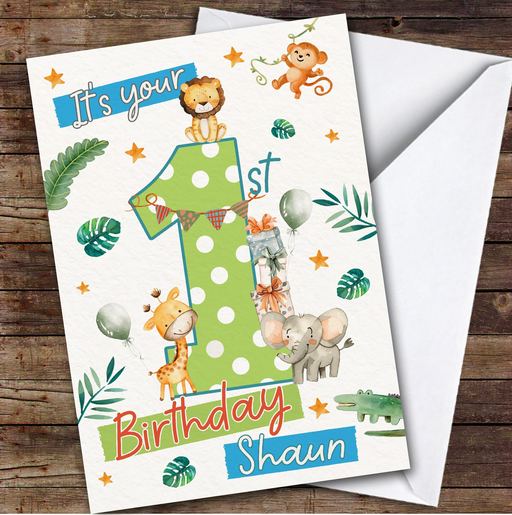 1st Baby Boy Watercolour Safari Animals With Number One Any Age ...