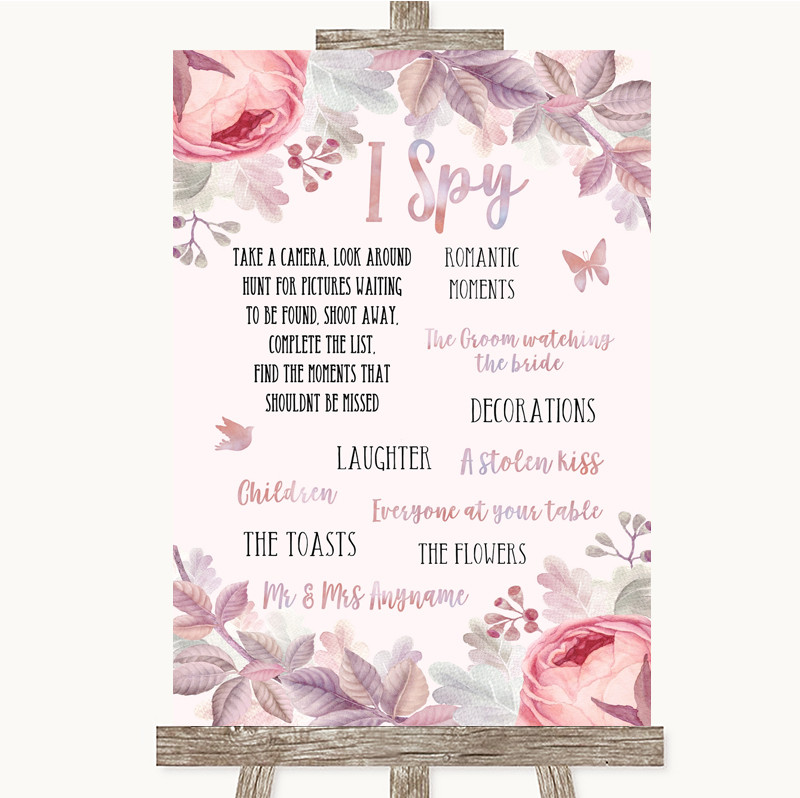 Chalk Style Blush Pink Rose & Gold I Spy Disposable Camera Wedding Sign ...