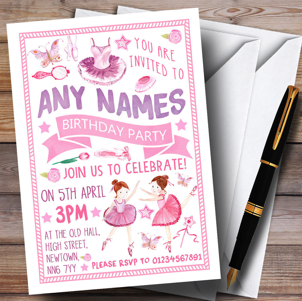 Pink Watercolour Ballerina Ballet Children's Birthday Party Invitations ...