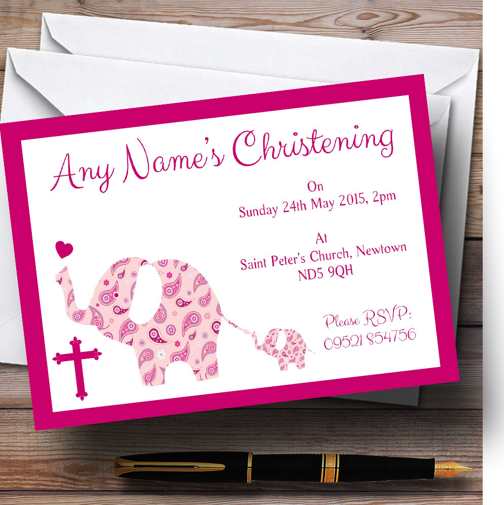 Pink Elephants Christening Party Personalised Invitations - The Card Zoo