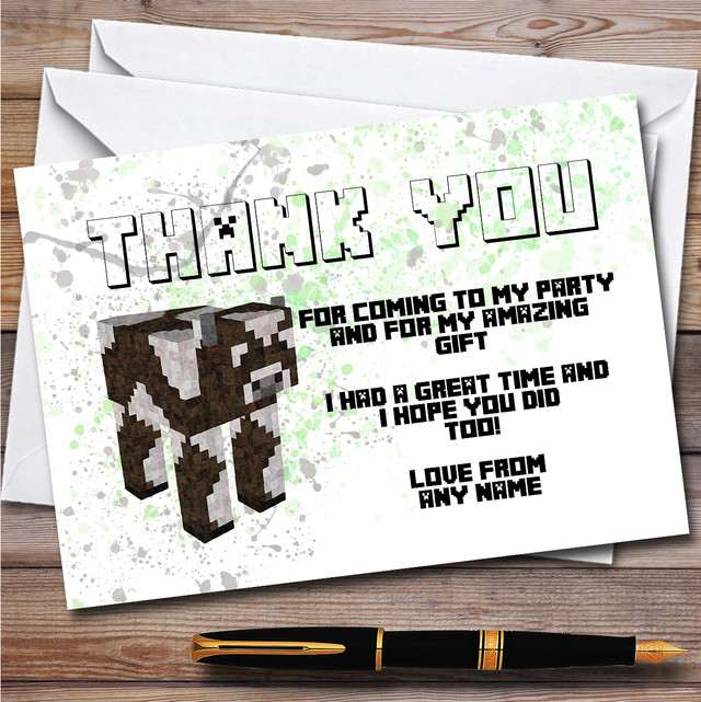 Minecraft Cow Splatter Art Children's Birthday Party Thank You Cards ...