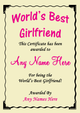 Girlfriend Best In The World Award Personalised Certificate - The Card Zoo