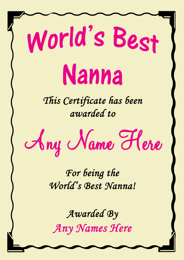 Nanna Best In The World Award Personalised Certificate - The Card Zoo
