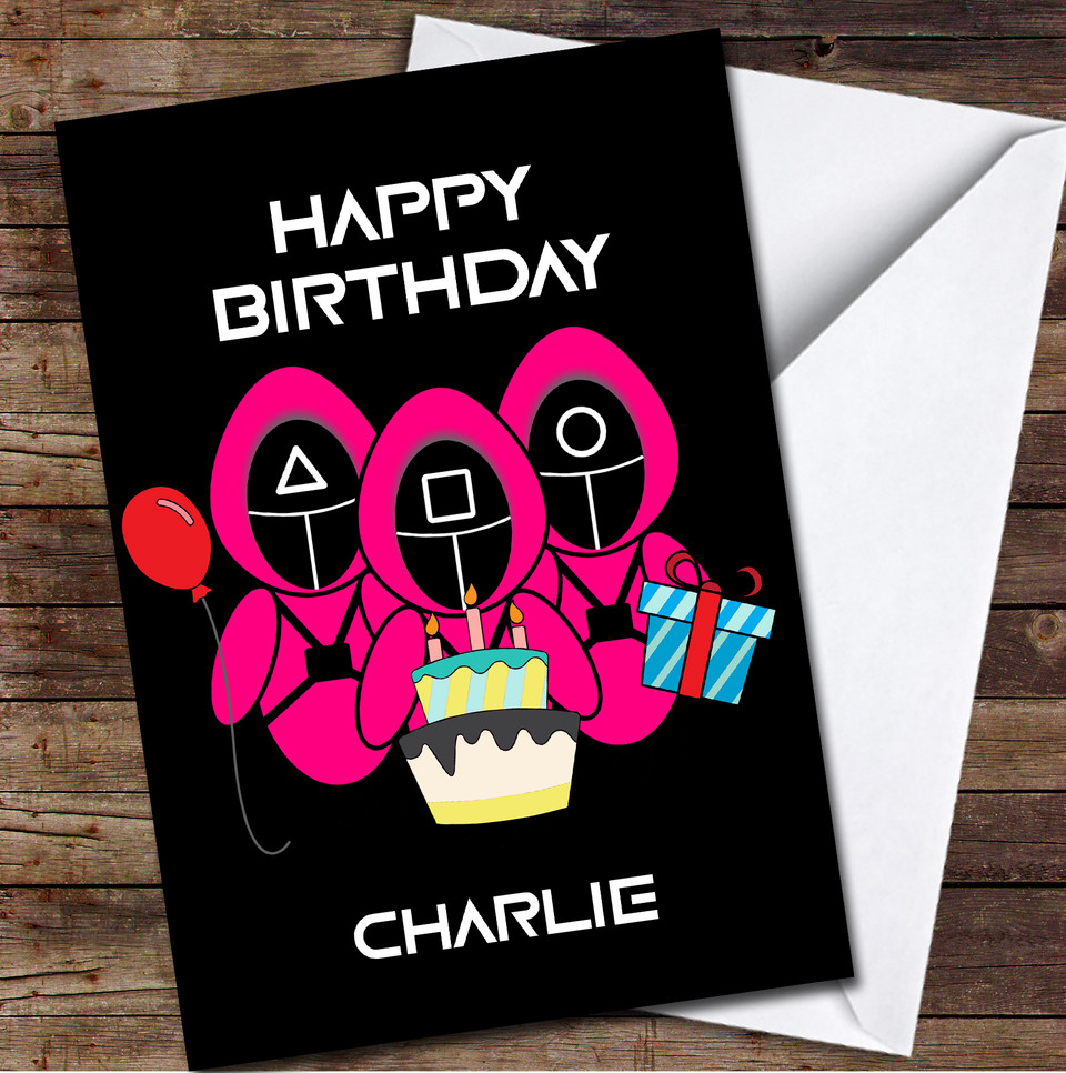 Squid Game Funny Three Pink Jackets Cake Personalised Birthday Card ...