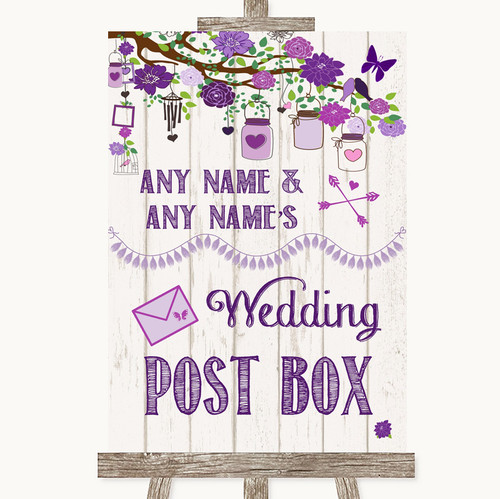 Purple Rustic Wood Card Post Box Personalised Wedding Sign - The Card Zoo