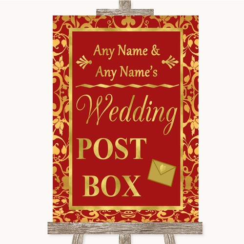 Red and Gold Card Post Box Personalised Wedding Sign - The Card Zoo