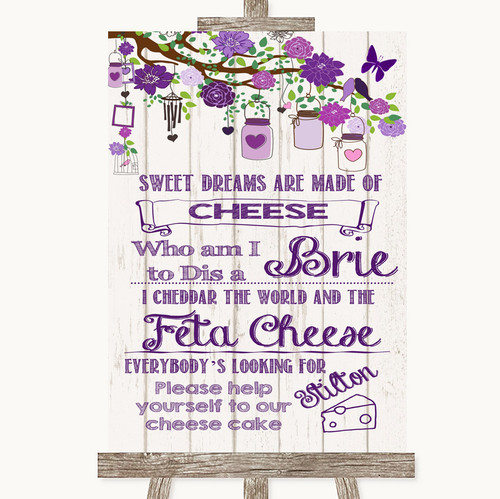 Purple Rustic Wood Cheesecake Cheese Song Personalised Wedding Sign ...