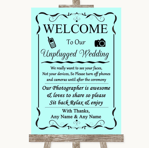 Aqua No Phone Camera Unplugged Personalised Wedding Sign - The Card Zoo