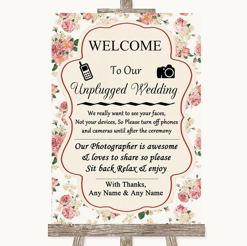 Vintage Roses No Phone Camera Unplugged Personalised Wedding Sign - The ...