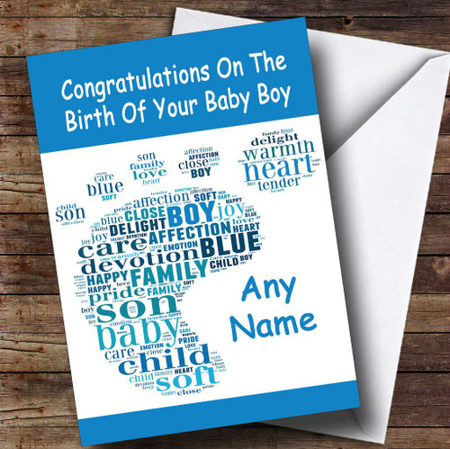 Blue Boy Word Art Footprint Personalised New Baby Card - The Card Zoo