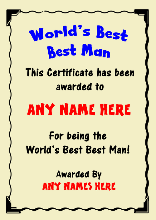 Best Man Best In The World Award Personalised Certificate - The Card Zoo