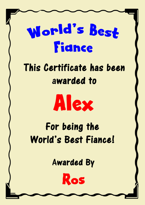 Fiance Best In The World Award Personalised Certificate - The Card Zoo