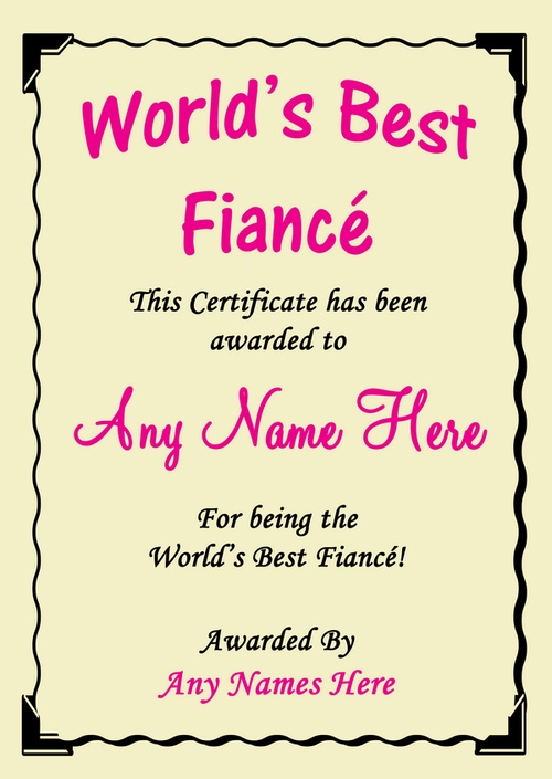 Fiancee Pink Best In The World Award Personalised Certificate - The ...