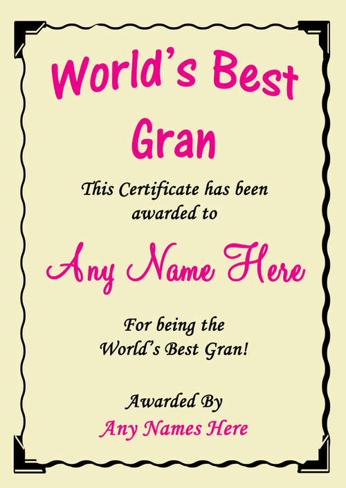 Gran Best In The World Award Personalised Certificate - The Card Zoo