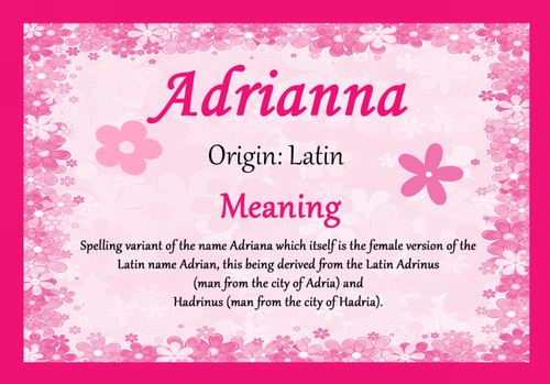 Adrianna Personalised Name Meaning Certificate - The Card Zoo