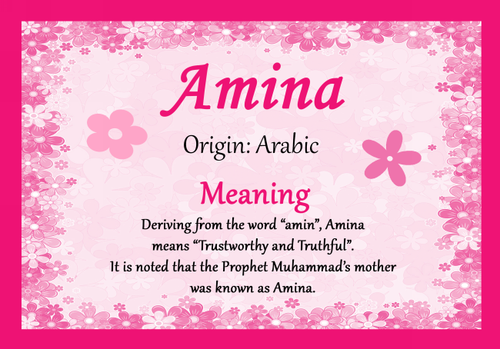 Amina Personalised Name Meaning Certificate - The Card Zoo