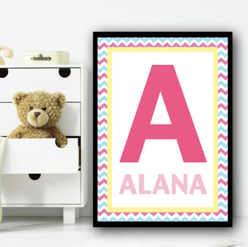 Any Initial Any Name Pink Zigzag Personalised Wall Art Print - The Card Zoo