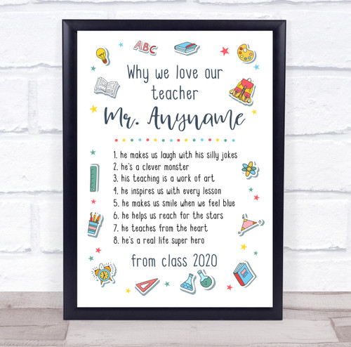 Why We Love Our Teacher School Illustrated Personalised Wall Art Print ...