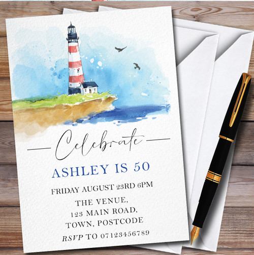 Watercolour Lighthouse Sea Personalised Birthday Party Invitations ...