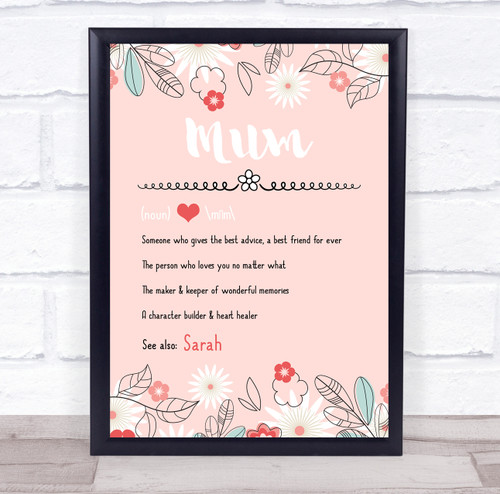 Mum Dictionary Definition Pink Floral Personalised Gift Art Print - The ...