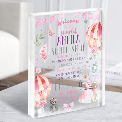 New Baby Birth Details Nursery Hot Air Balloon Acrylic Block - The Card Zoo