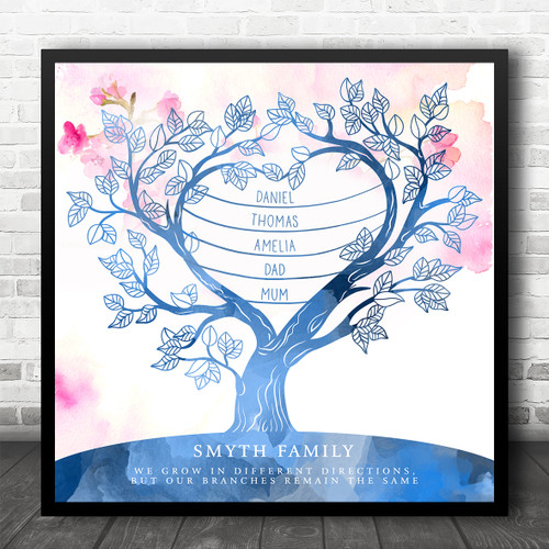 Family Tree Pink Blue Watercolour Blossom Square Personalised Gift ...