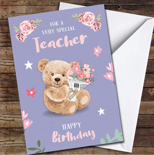 Teacher Female Teddy Bear Flowers Purple School Personalised Birthday ...