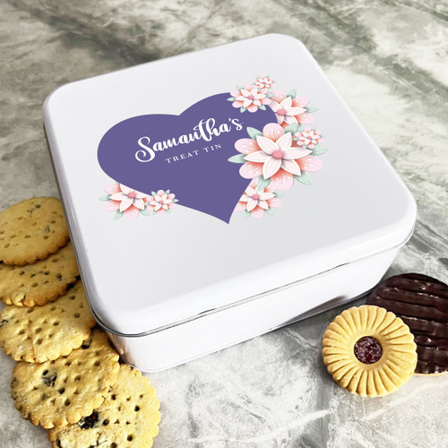 Personalised Square Pink Floral Purple Heart Biscuit Sweets Cake Treat ...