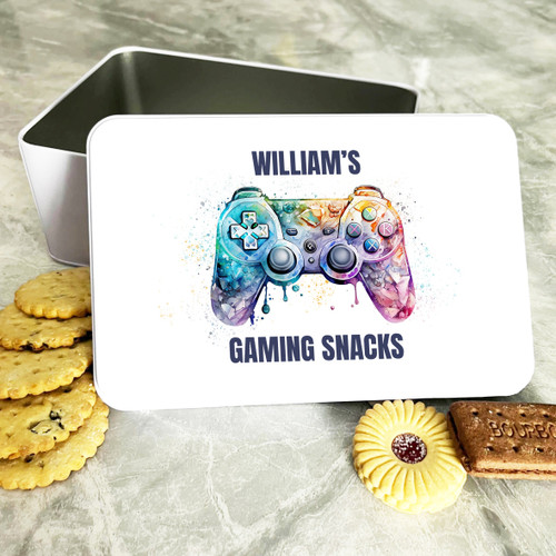Watercolour Gaming Snacks Controller Rectangle Personalised Treat Tin ...