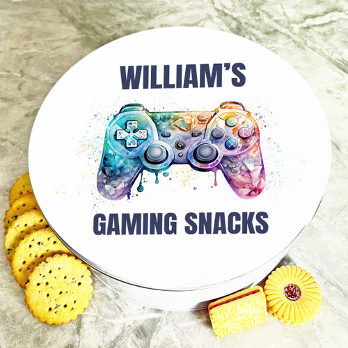 Round Watercolour Gaming Snacks Controller Personalised Treat Tin - The ...