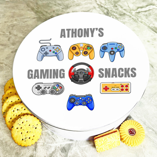 Round Colourful Gaming Snacks Controllers Personalised Treat Tin - The ...