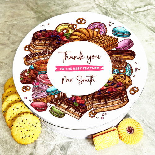 Round Colourful Treats Frame Best Teacher Personalised Cake Tin - The ...