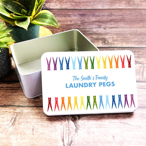 Colourful Laundry Clothes Rectangle Personalised Peg Tin - The Card Zoo