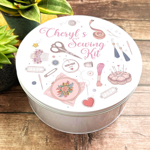 Round Cute Pink Sewing Kit Icons Personalised Tin - The Card Zoo
