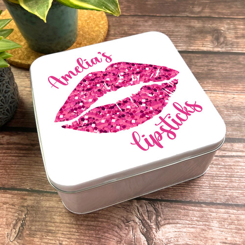Square Makeup Beauty Box Pink Glitter Lips Personalised Lipstick ...