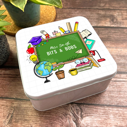 Square School Icons Chalkboard Teacher Personalised Bits and Bobs Tin ...