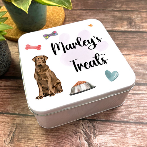Square Chocolate Labrador Personalised Dog Biscuit Treat Tin - The Card Zoo