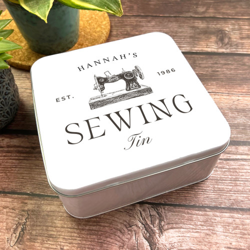 Square Antique Brown Monotone Personalised Vintage Sewing Machine Tin ...