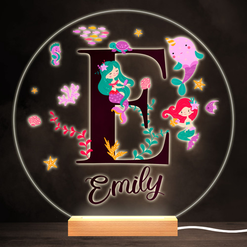 Sealife With Mermaids Alphabet Letter E Round Personalised Gift Lamp ...