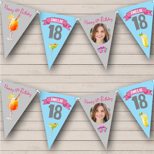 18th Birthday Female Girl Cocktails and Pink Photo Any Age Personalised ...