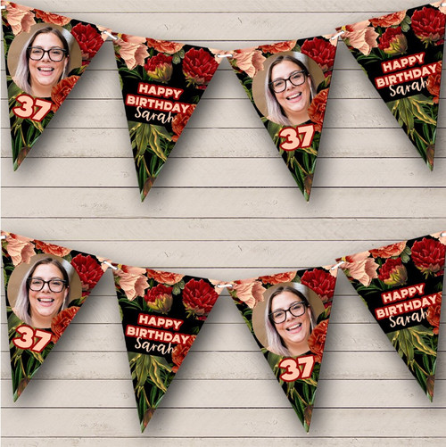 Dark Botanical Birthday Red Flowers Age Photo Personalised Party Banner ...