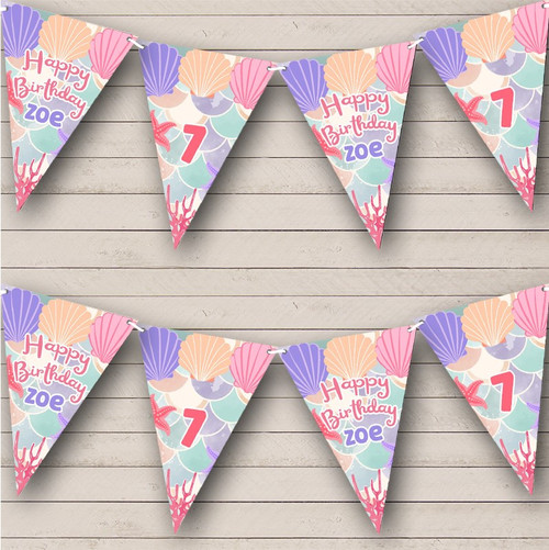 Mermaid Seashells Girl's Birthday Pastel Bright Age Personalised Banner ...